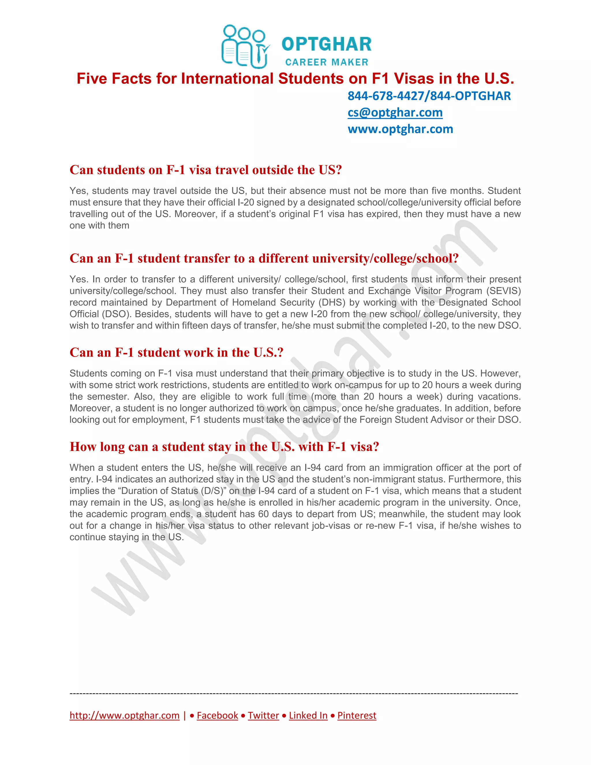 Five Facts for International Students on F1 Visas in the USA | PDF