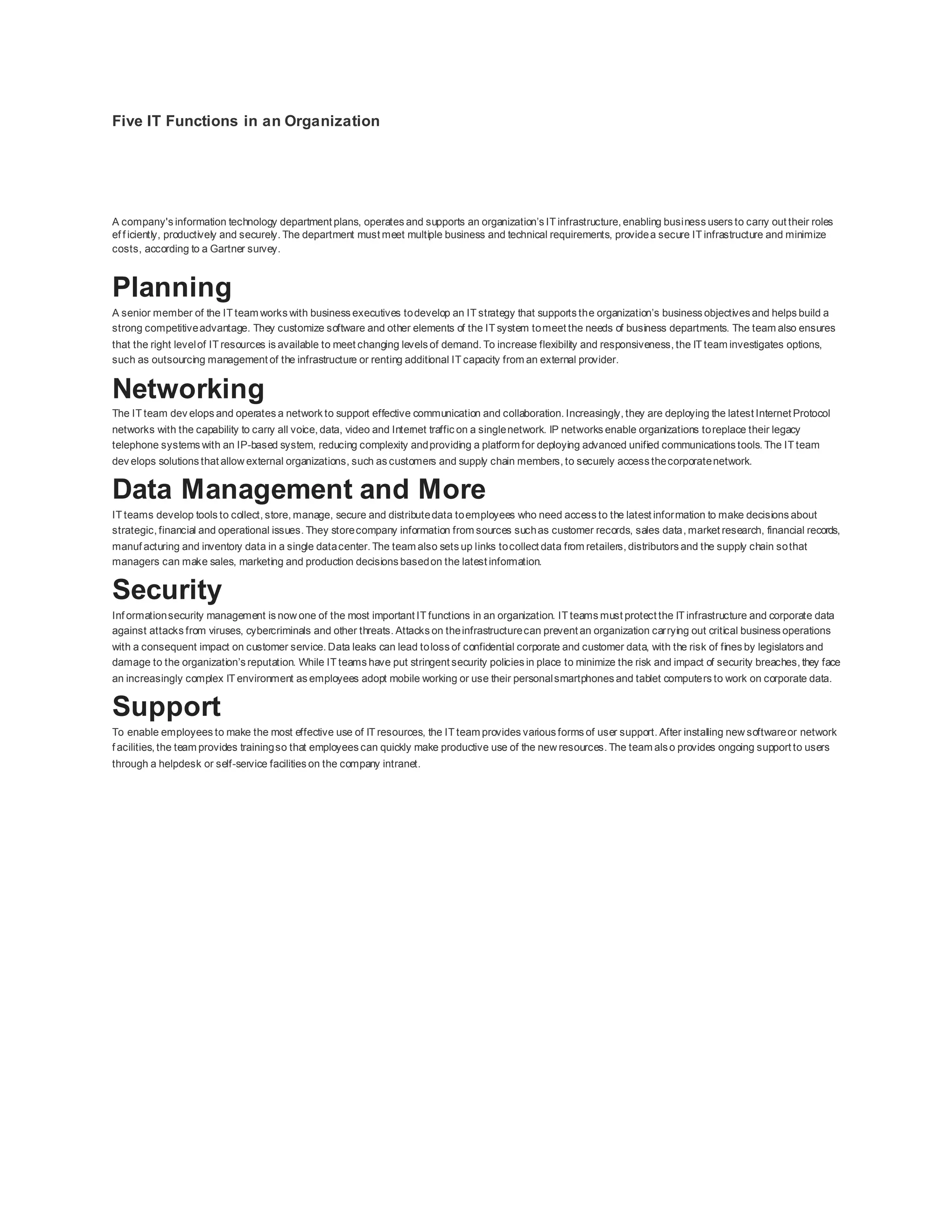 Five it functions in an organization | DOCX