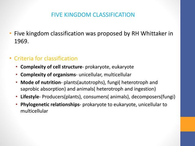 FIVE KINGDOM CLASSIFICATION-RH Whittaker | PPTX | Biological Sciences | Science