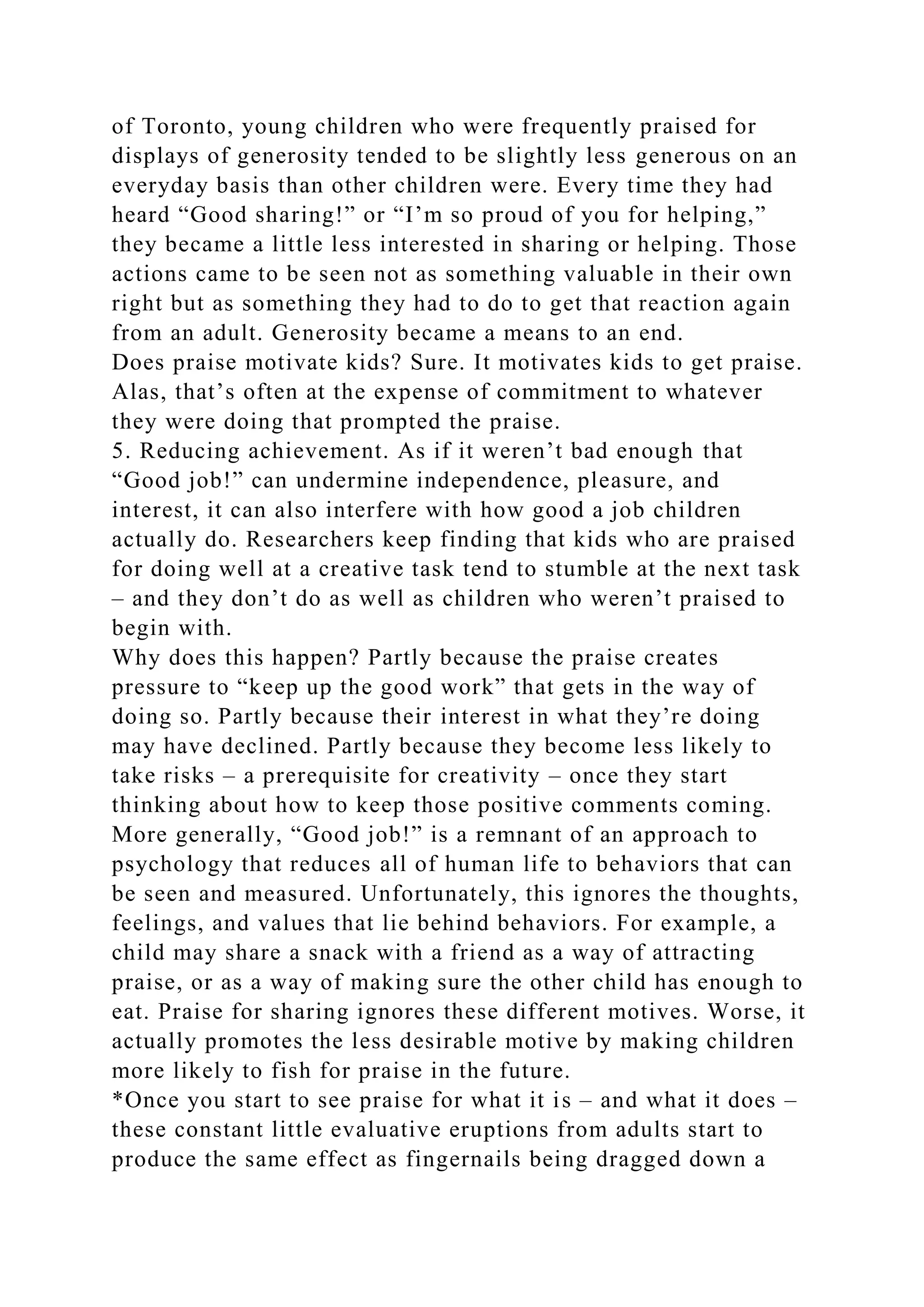 Five Reasons to Stop Saying Good Job!”By Alfie KohnNOTE An a.docx