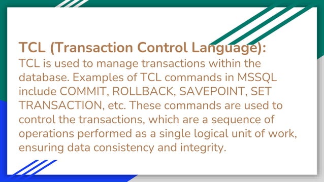 Based on functionalities performed five types of SQL Commands | PPT