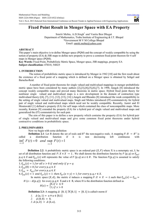 Fixed point result in menger space with ea property | PDF