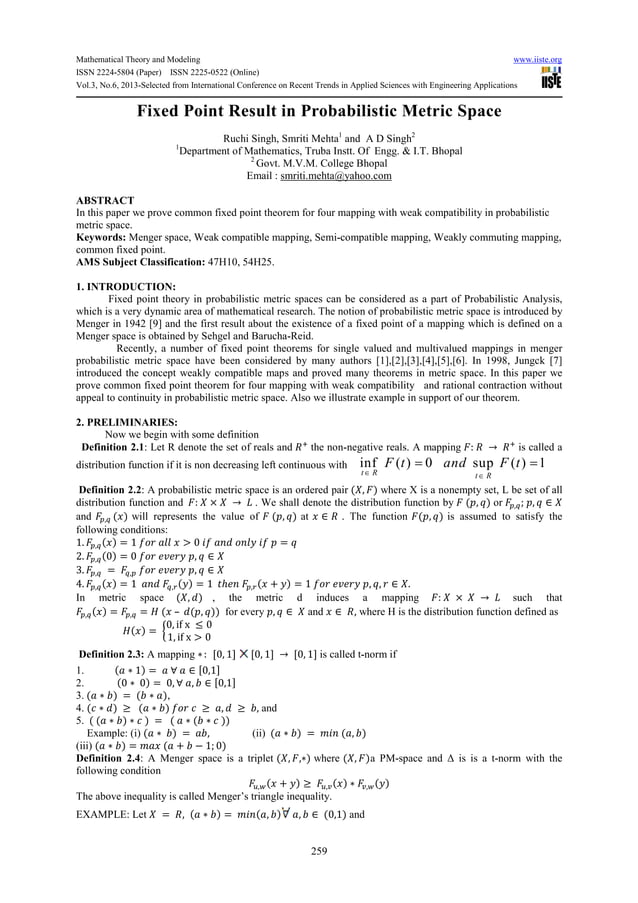 Fixed point result in probabilistic metric space | PDF | Physics | Science