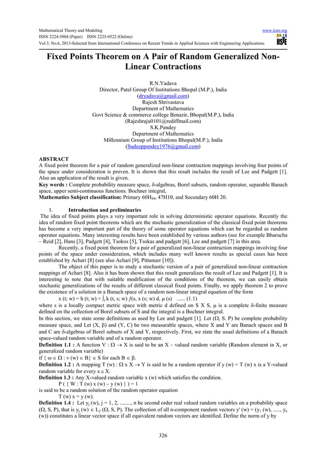 Fixed points theorem on a pair of random generalized non linear contractions | PDF
