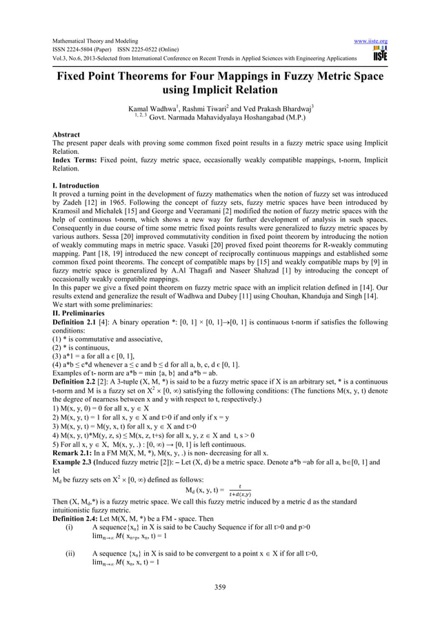 Fixed point theorems for four mappings in fuzzy metric space using implicit relation | PDF