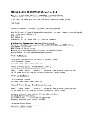 FIXING BLOCK CORRUPTION (RMAN) on 11G | PDF | Operating Systems | Computer Software and Applications