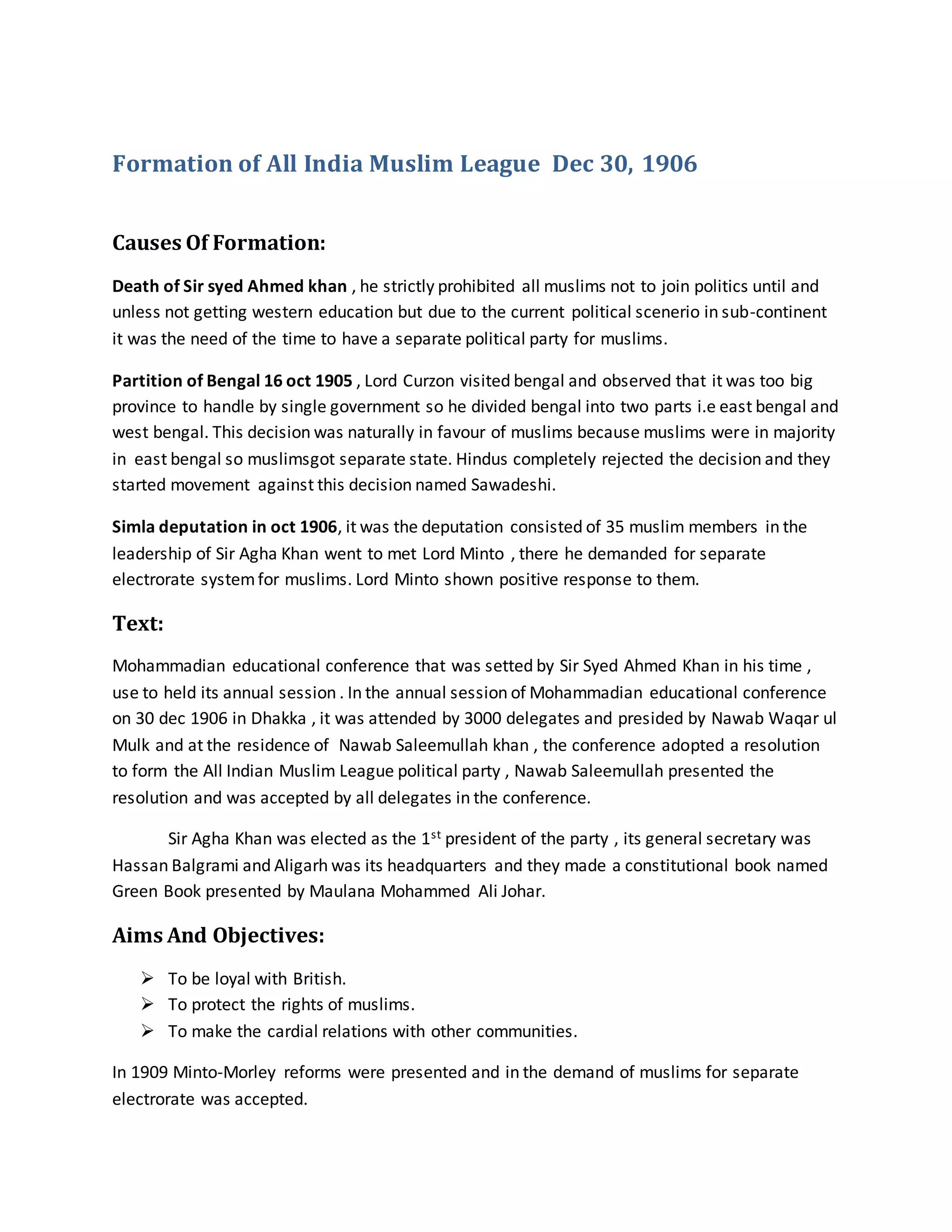 Formation of all india muslim league dec 30 | DOCX
