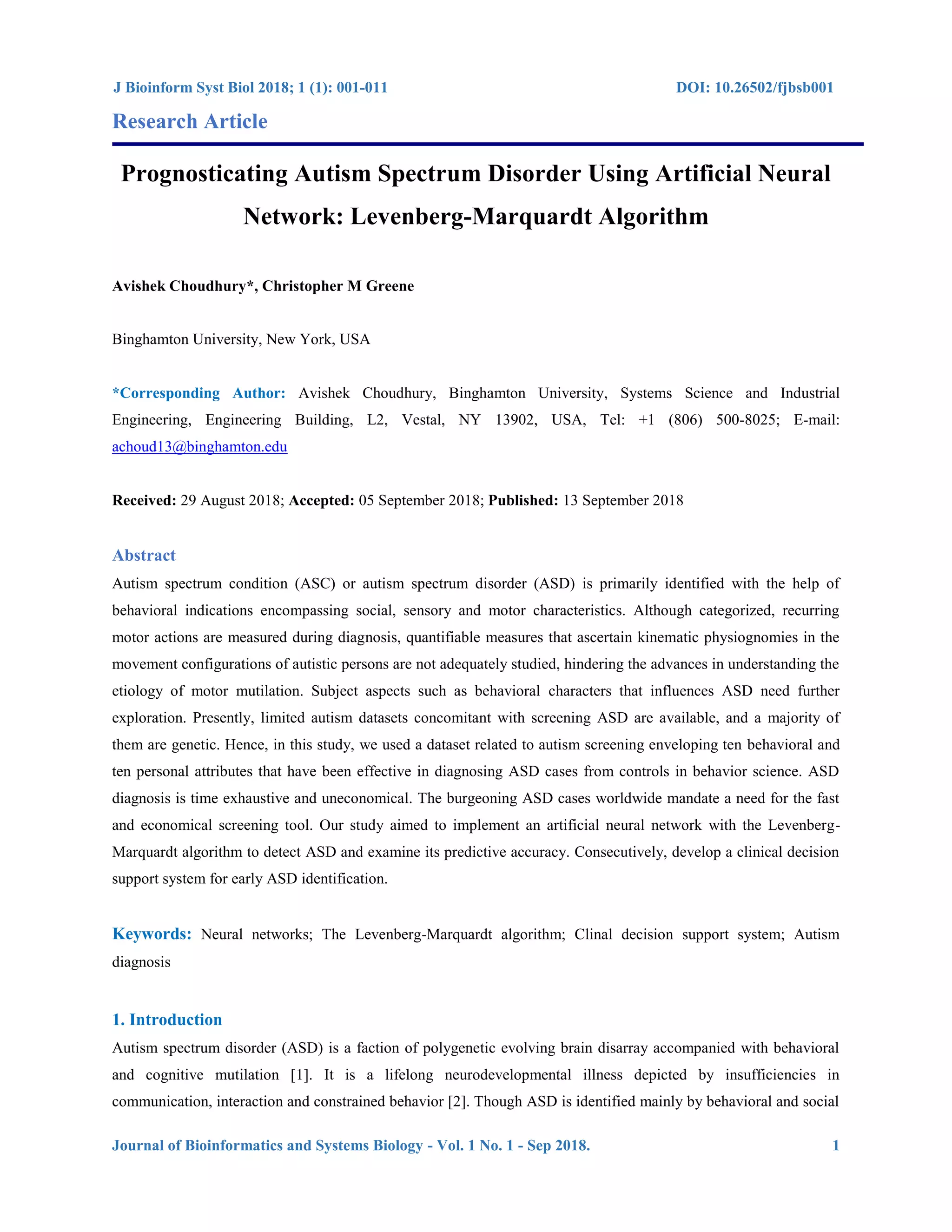 Prognosticating Autism Spectrum Disorder Using Artificial Neural