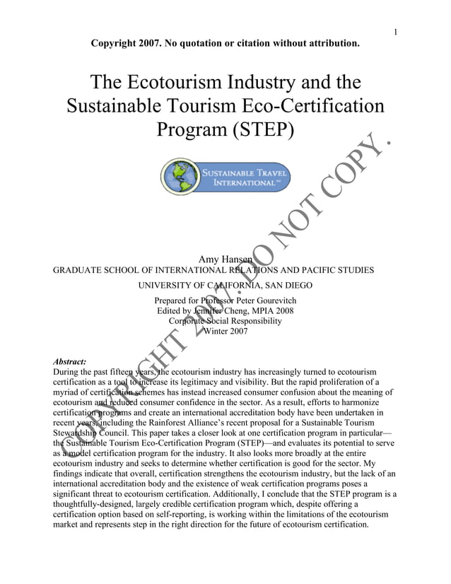 Ecotourism industry and the sustainable tourism eco certification ...