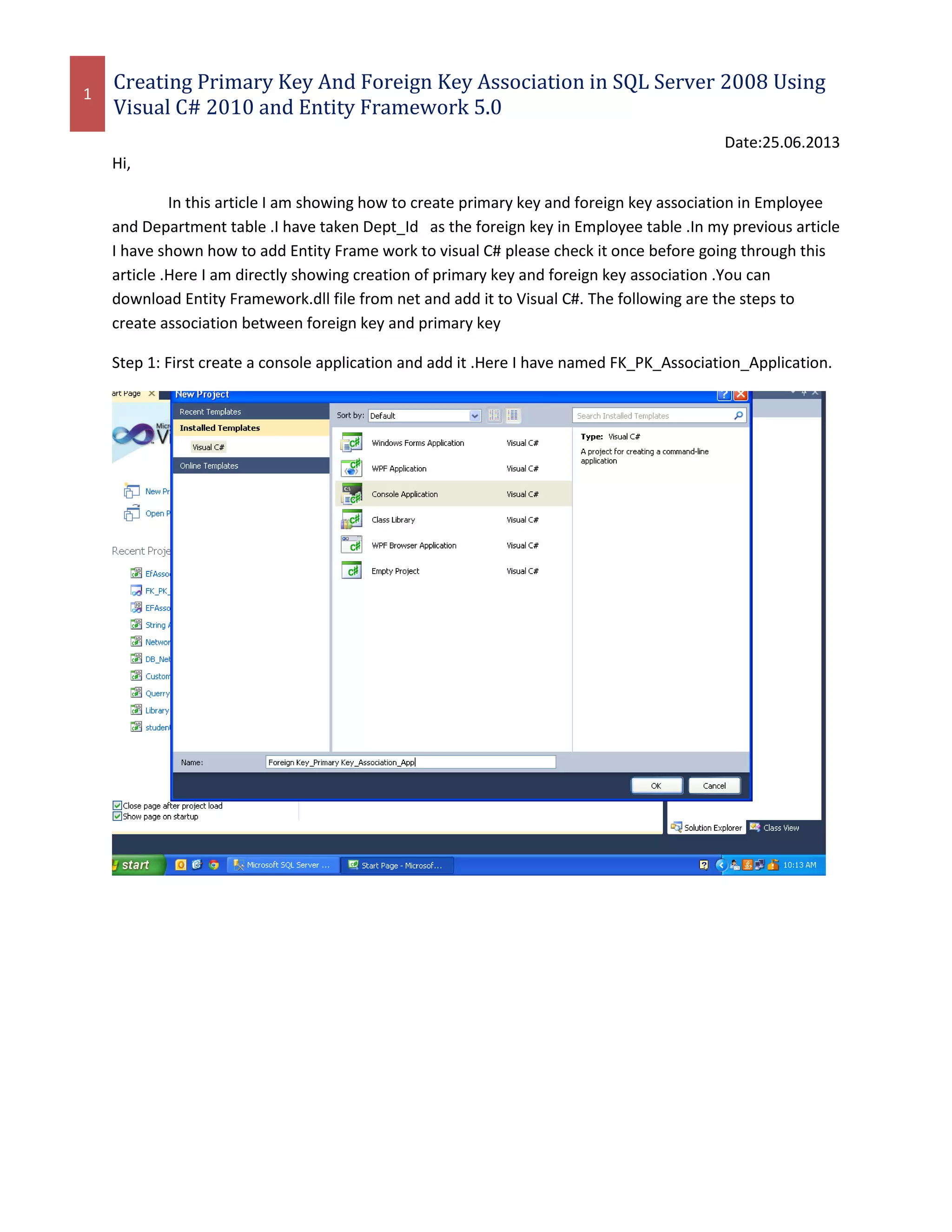 Code First Approach Of Creating Primary Key And Foreign Key Association In SQL Server 2008 Using ...