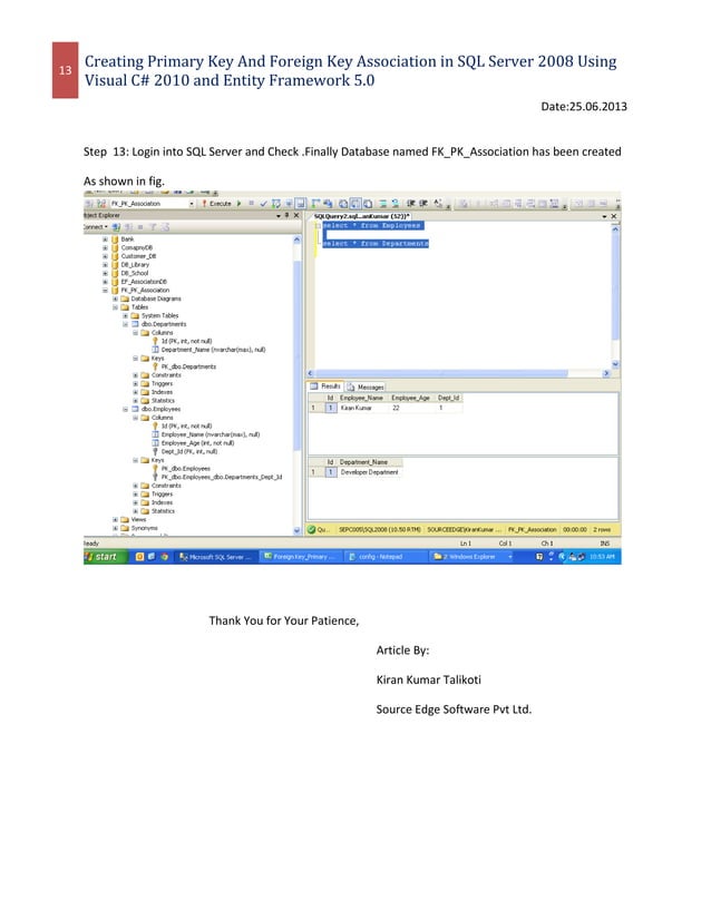 Code First Approach Of Creating Primary Key And Foreign Key Association In SQL Server 2008 Using ...