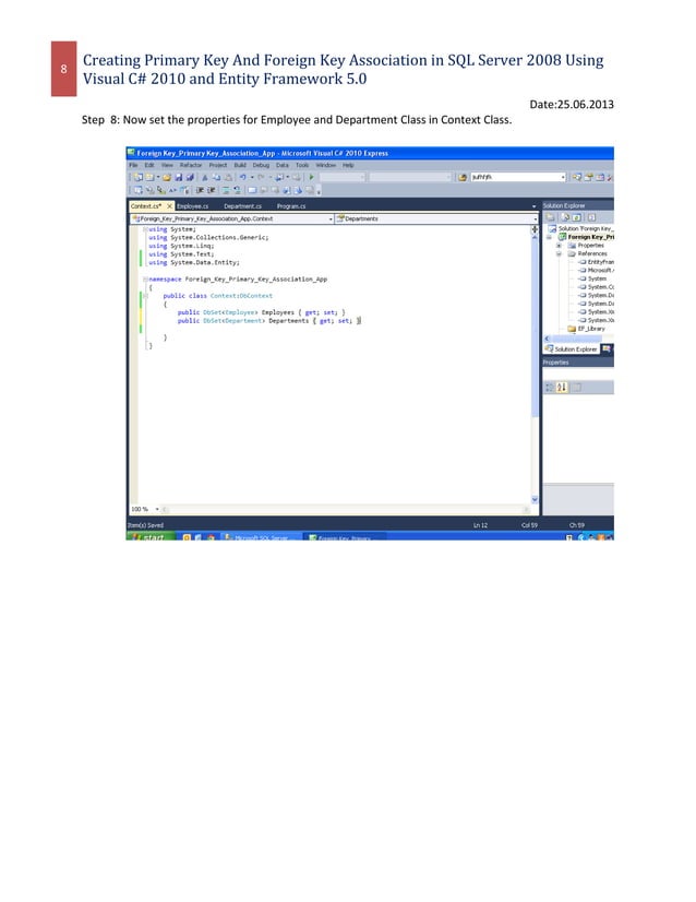 Code First Approach Of Creating Primary Key And Foreign Key Association In SQL Server 2008 Using ...