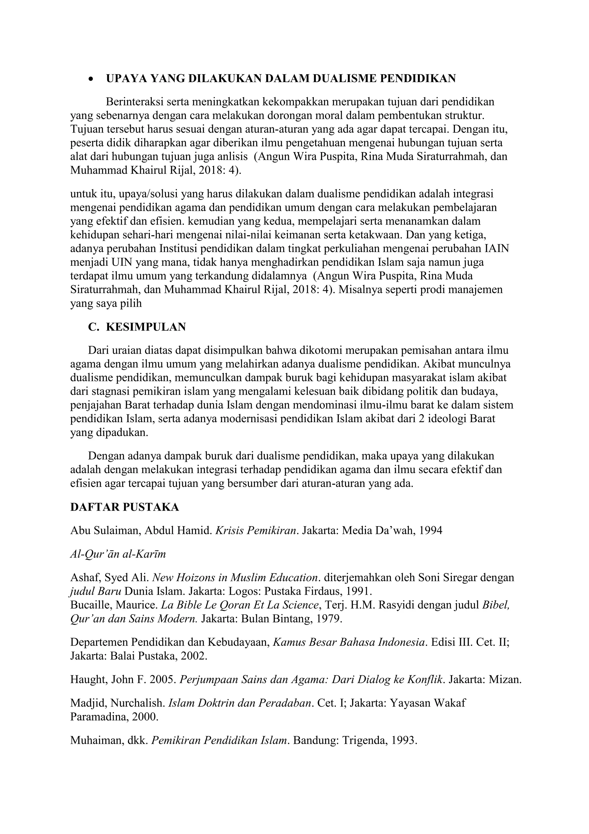 Dwi Yurisza Syafitri (Problematika Dikotomi Ilmu Pengetahuan dan Solusinya) | PDF