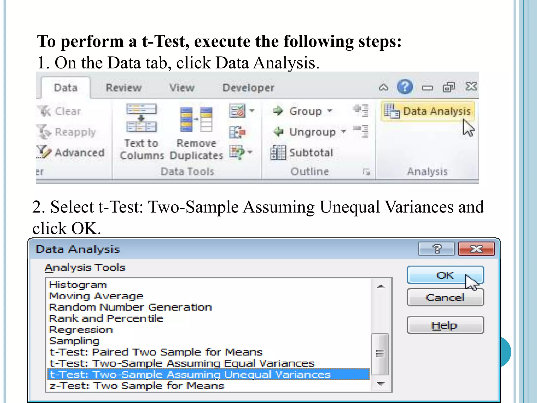 QUANTITATIVE DATA ANALYSIS HOW TO DO A T-TEST ON MS-EXCEL AND SPSS | PPTX
