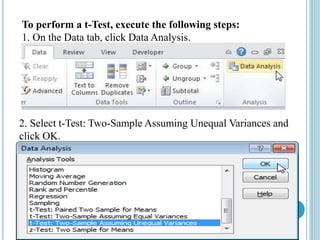 QUANTITATIVE DATA ANALYSIS HOW TO DO A T-TEST ON MS-EXCEL AND SPSS | PPTX