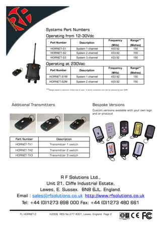 RF Solutions Hornet Remote Control System | PDF