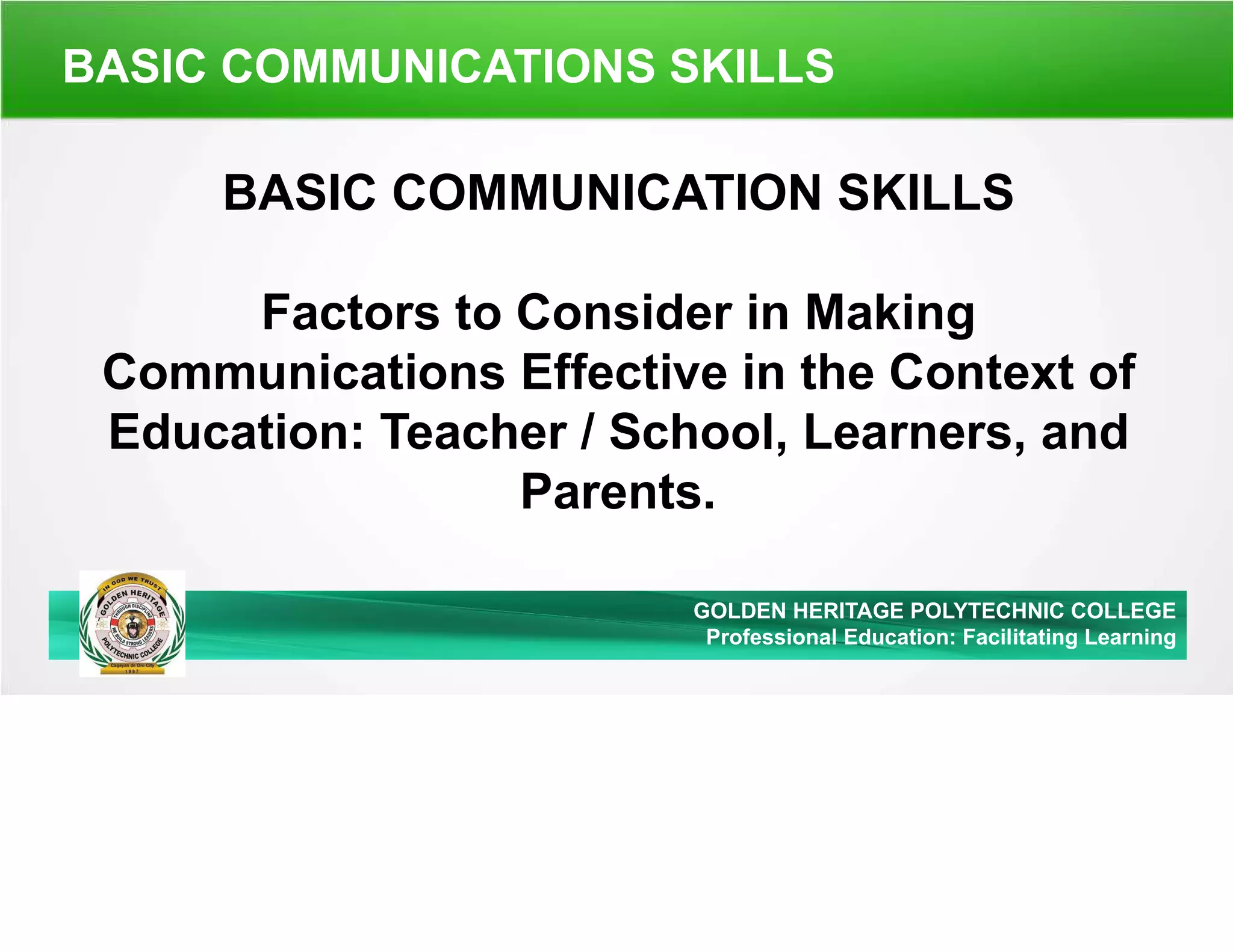 Basic Communication Skills: Making Teacher / School Communication Effective for Learners and ...