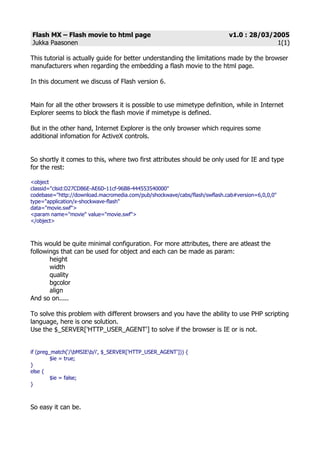 Flash MX Tutorial - Putting a Flash movie on a HTML page | PDF