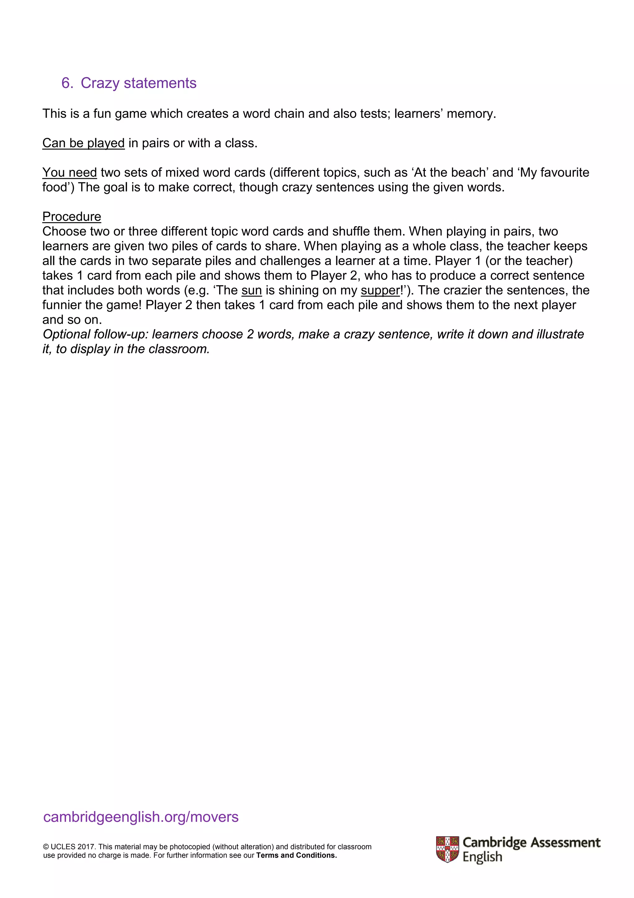 Flashcards activities for teachers movers | PDF