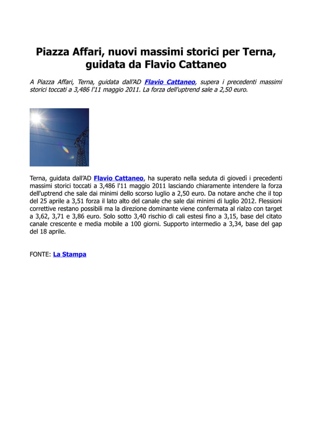 Flavio Cattaneo: Nuovi massimi storici per Terna (La Stampa) | PDF