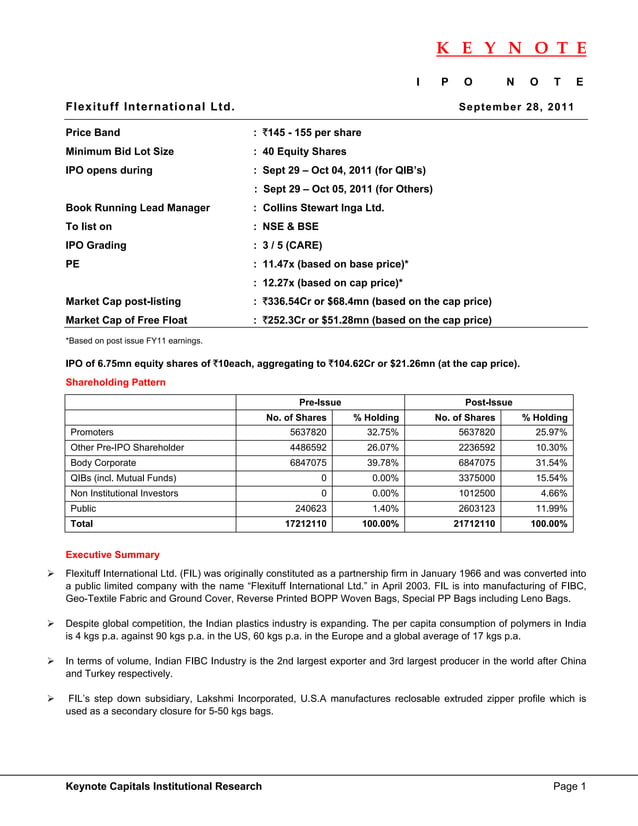 Flexituff International IPO Note (Keynote Capitals) | PDF