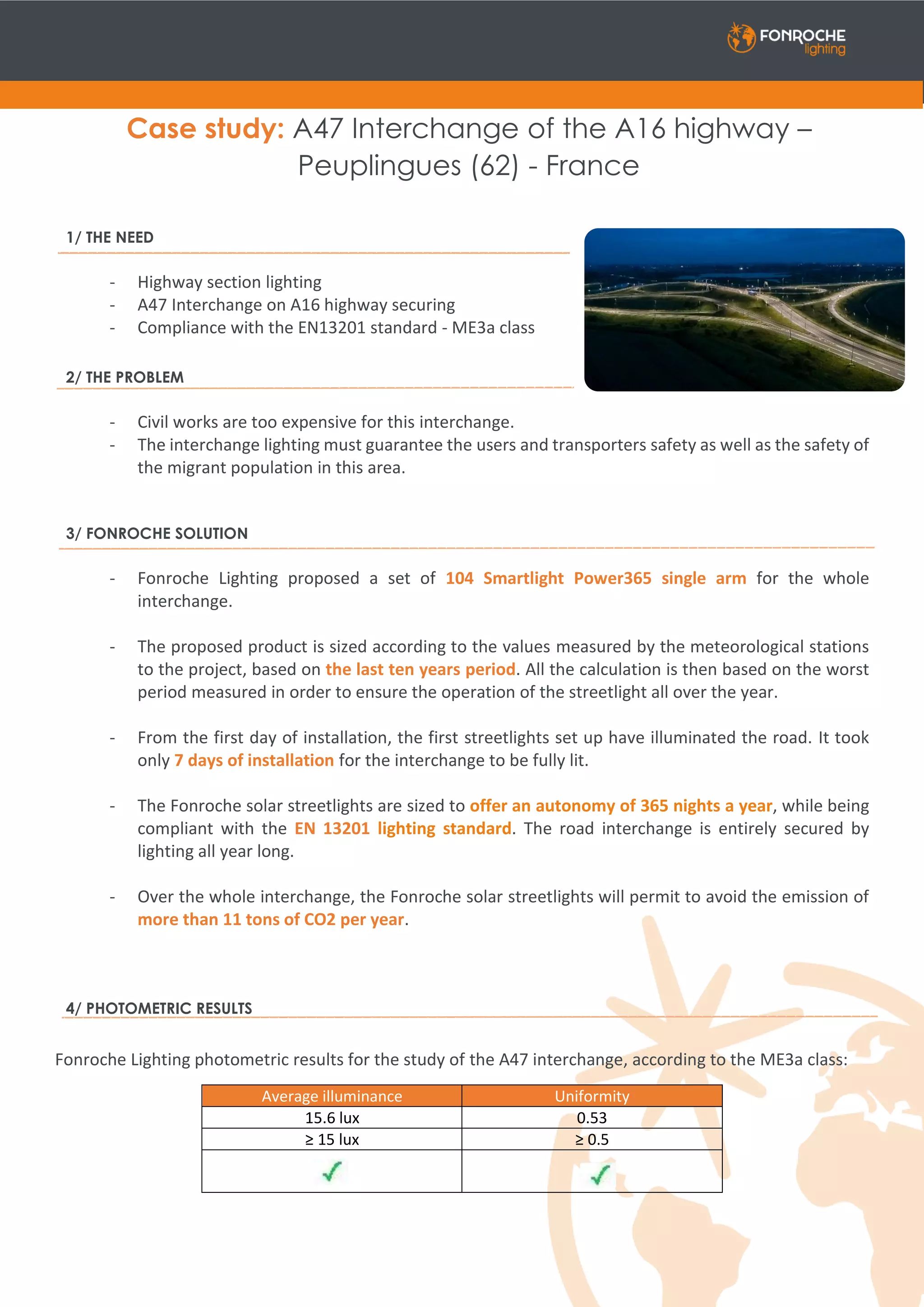 Fonroche Solar Street Lighting Case Study: Highway Lighting (France) | PDF