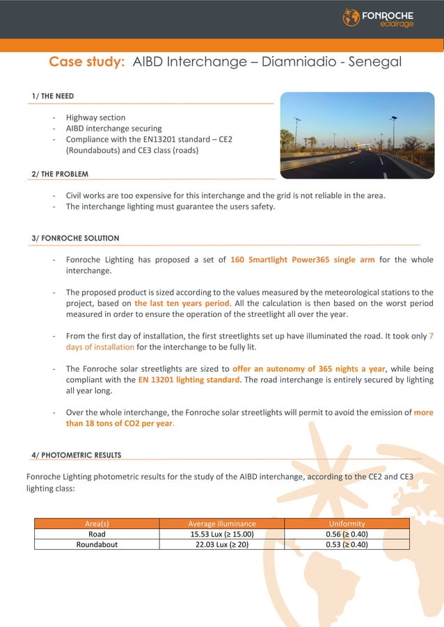 Fonroche Solar Street Lighting Case Study: Highway Lighting (Senegal) | PDF