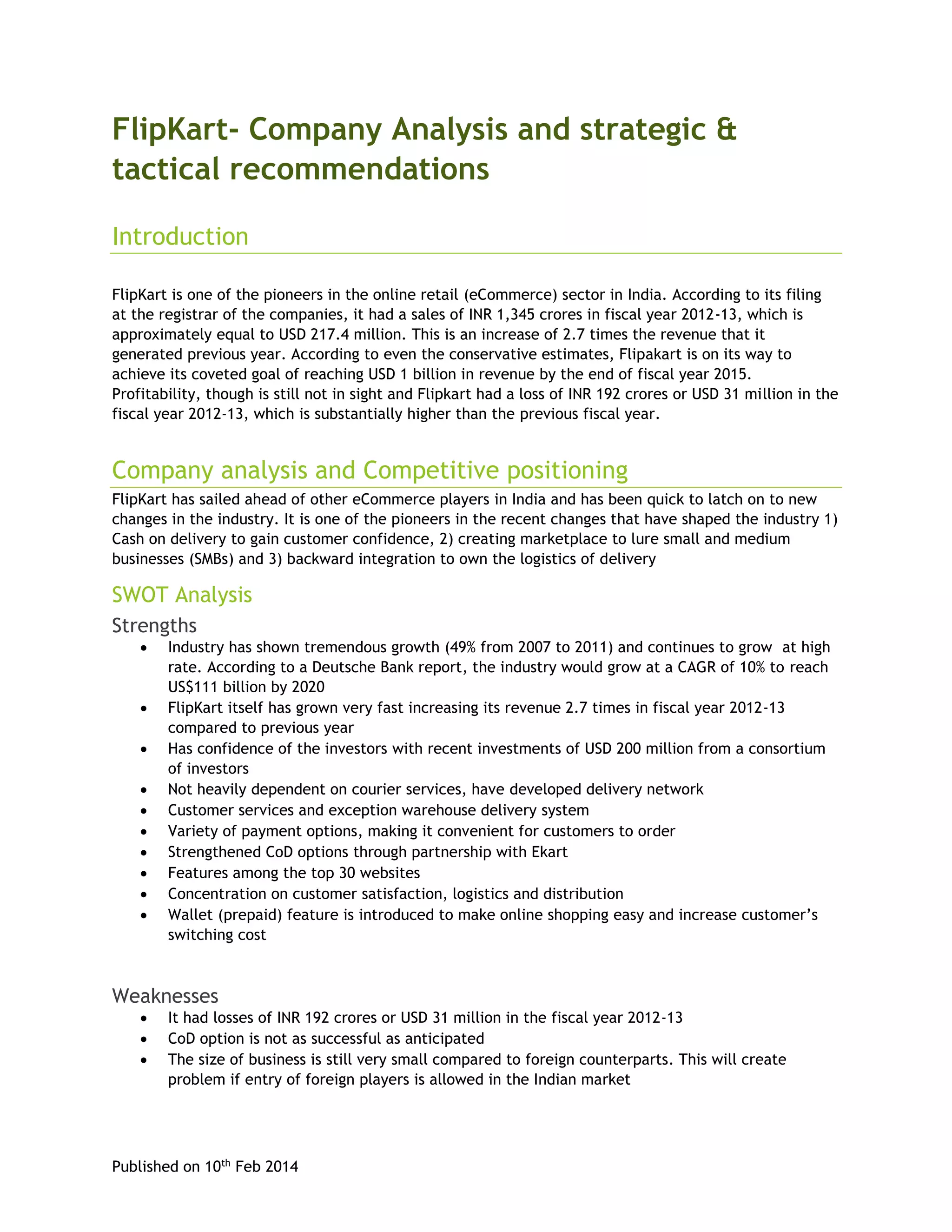 Flipkart company analysis and strategic & tactical recommendations | PDF