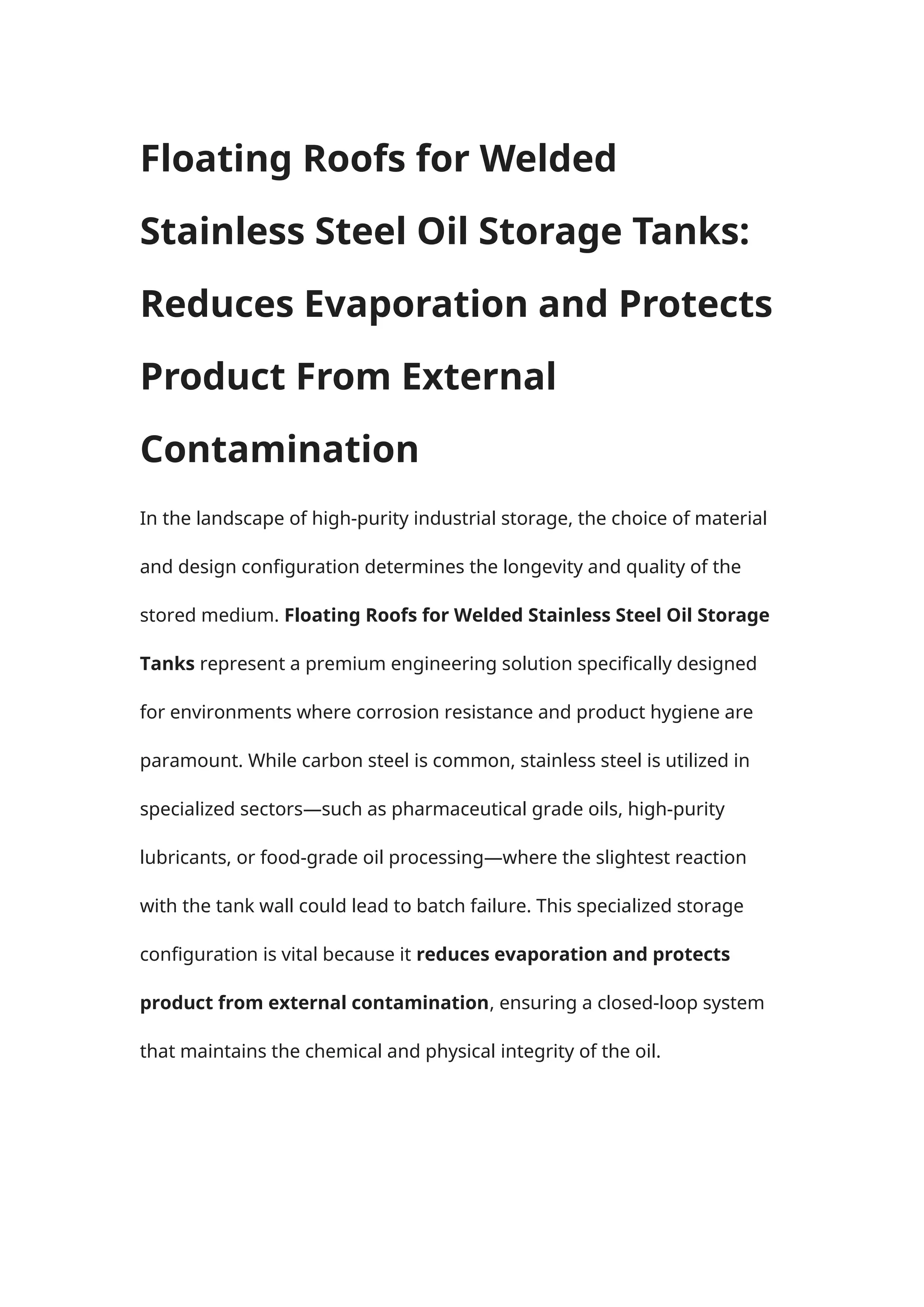 Floating Roofs for Welded Stainless Steel Oil Storage Tanks Reduces ...