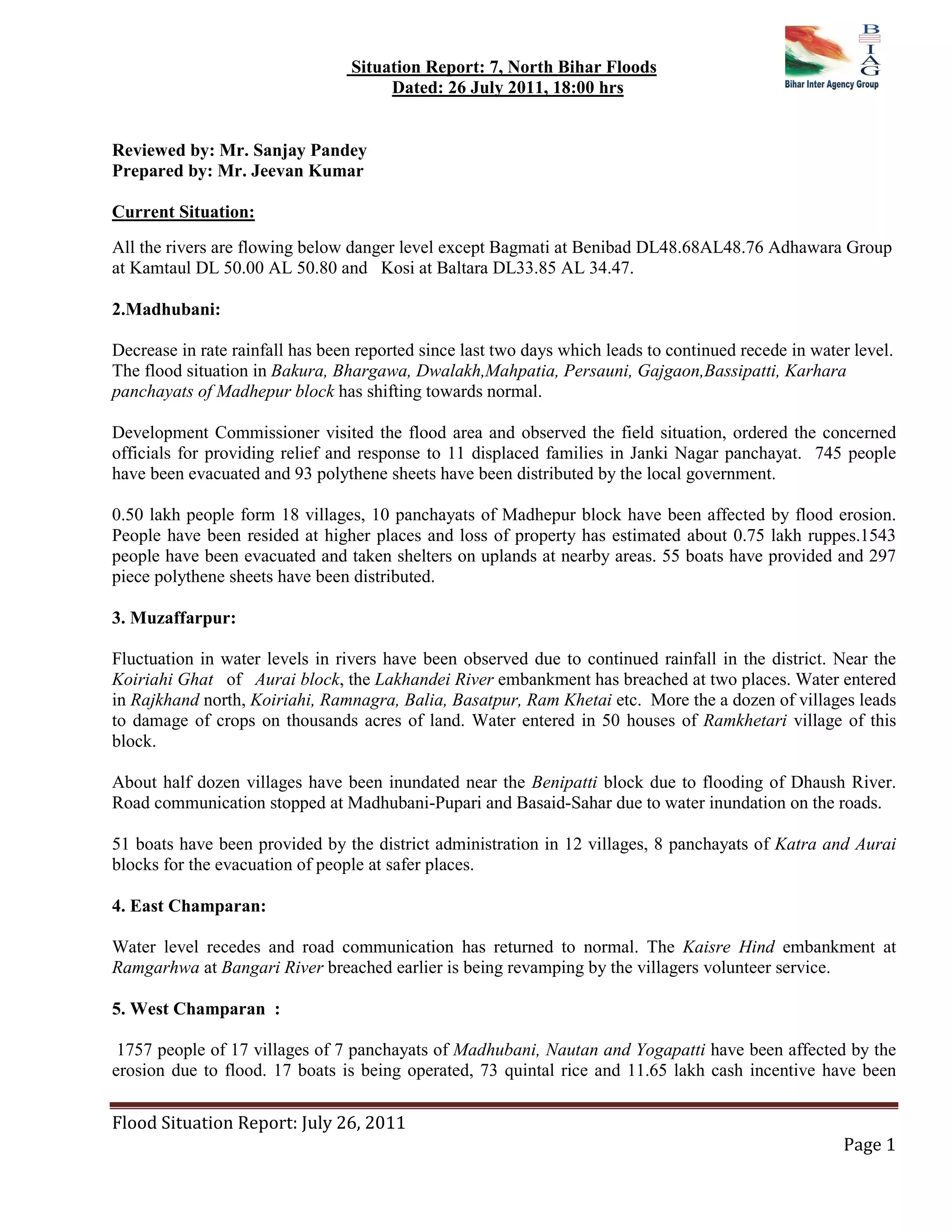 Bihar Flood Situation Report 26th July 2011 | PDF