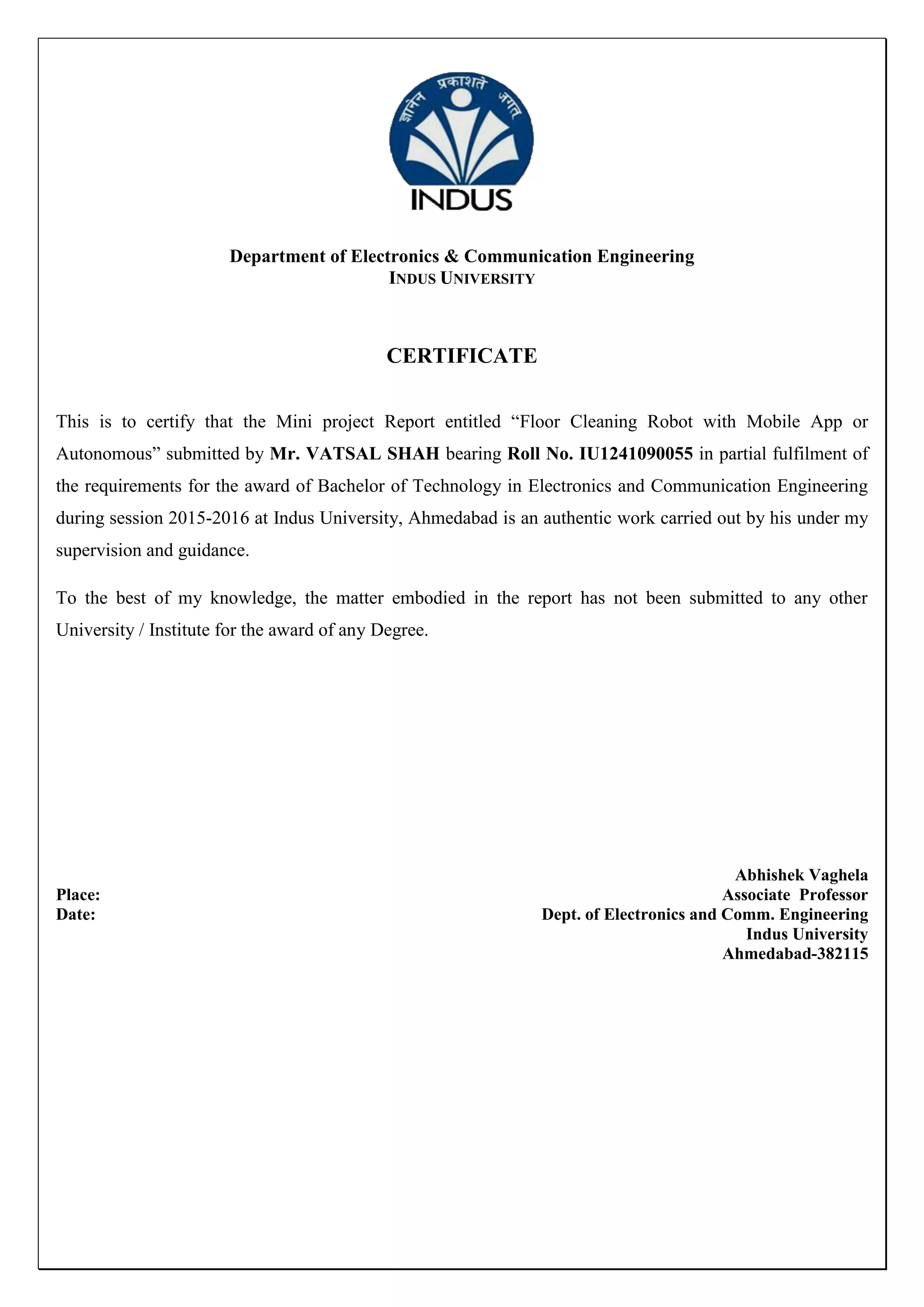 Floor cleaning robot report vatsal shah_ec_7th sem | PDF