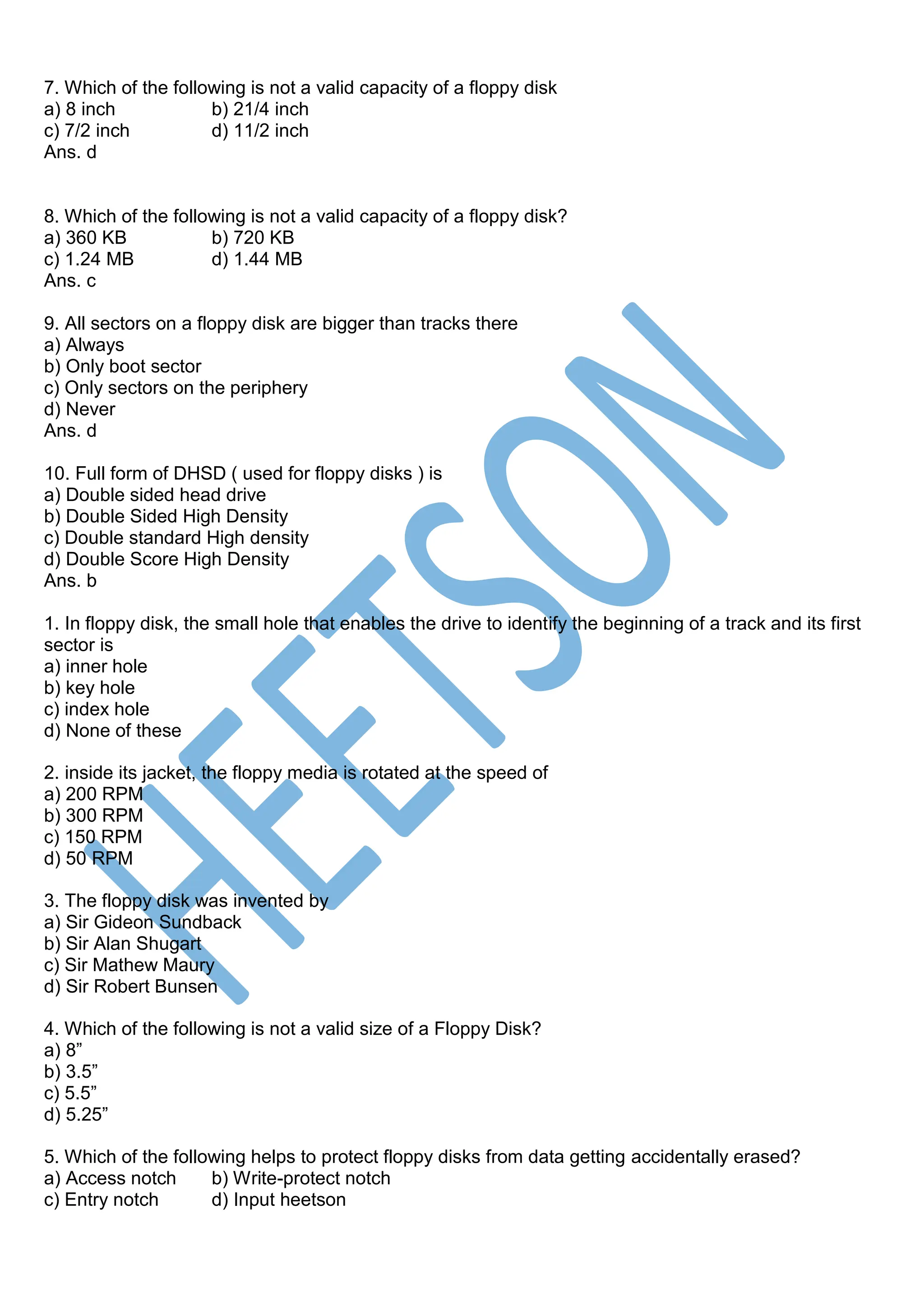 Floppy Disk MCQ (Diskette Questions and Answers) | PDF