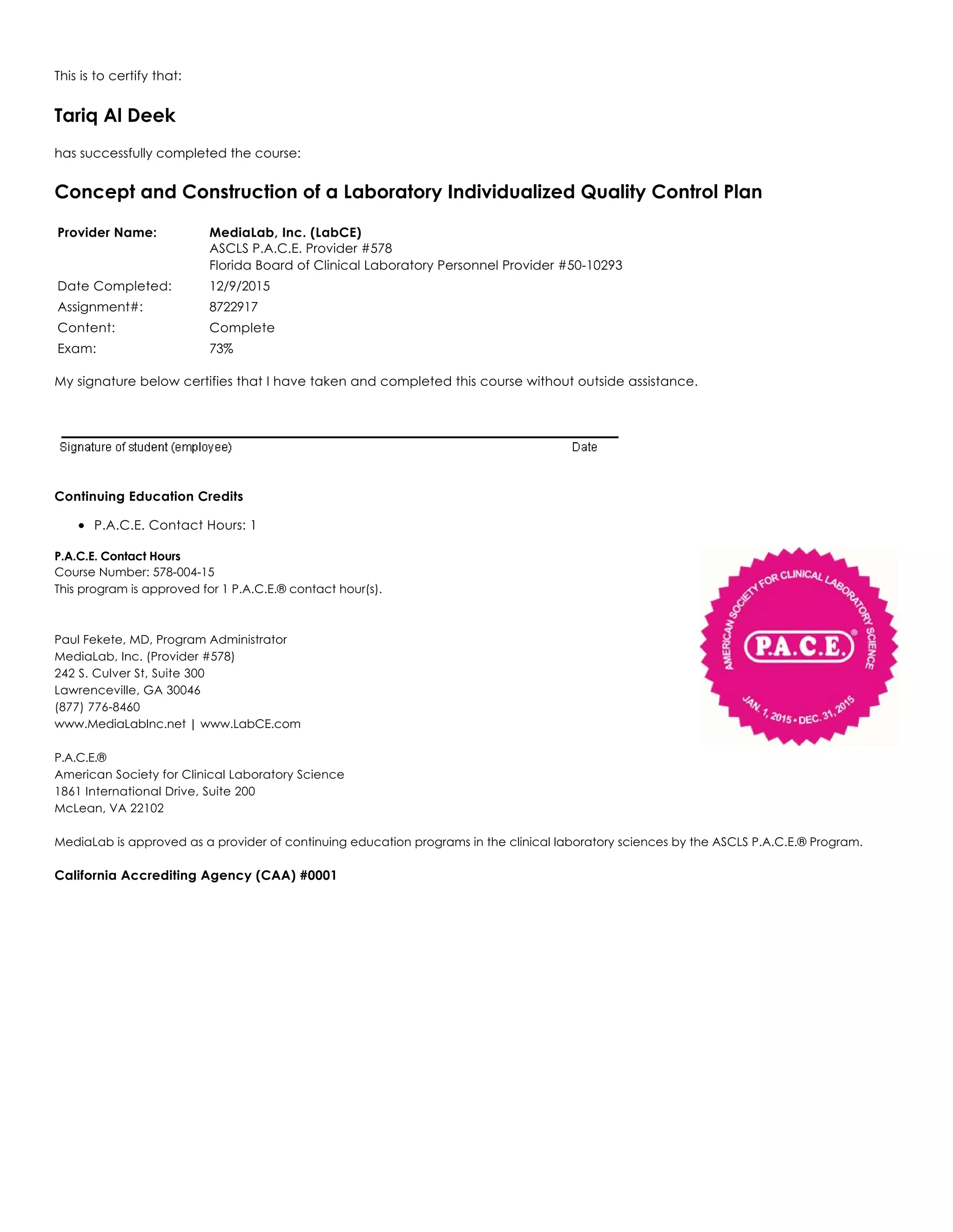 Florida board of clinical laboratory science ce lab ce certificates | PDF