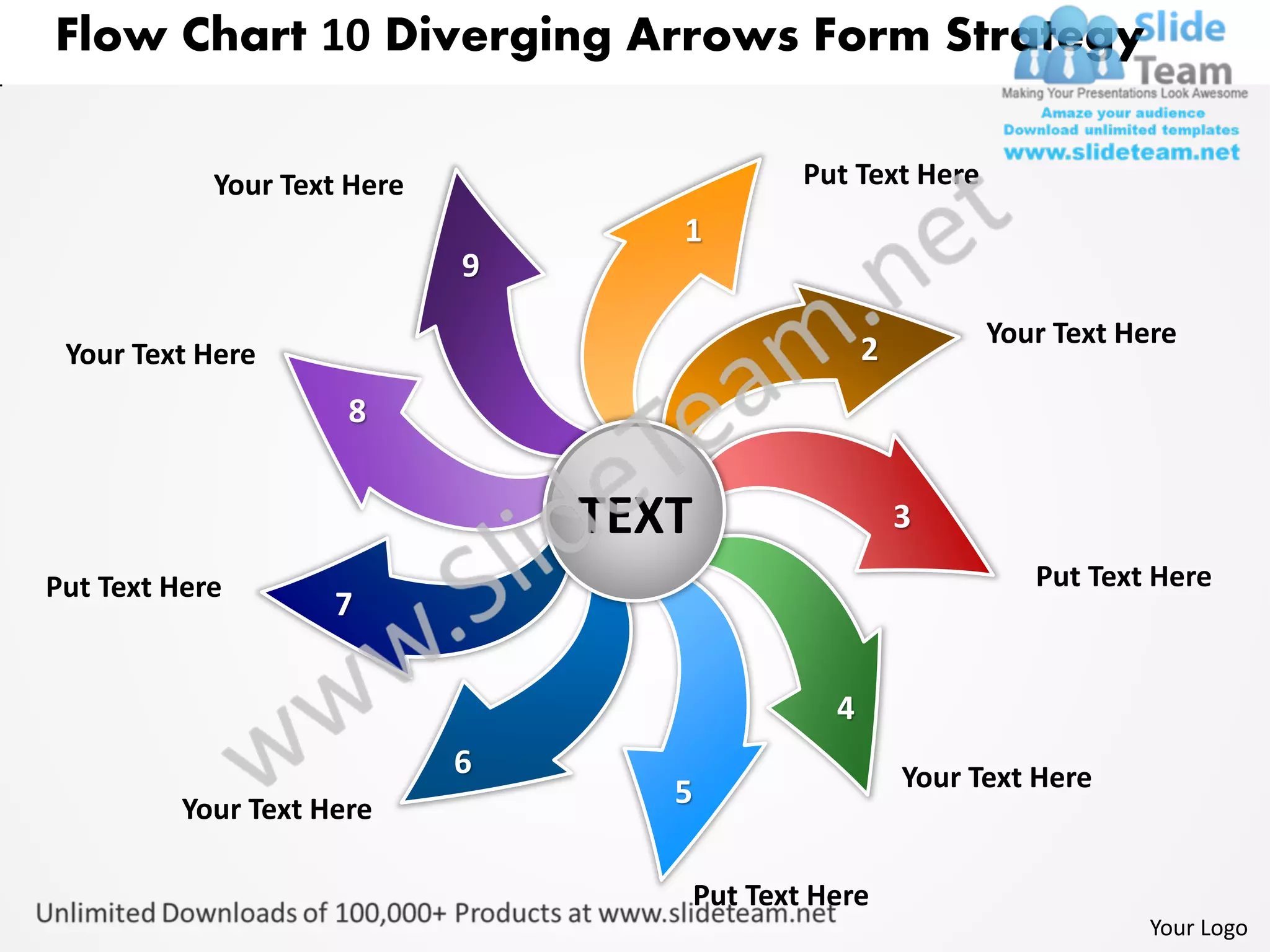 Flow chart 10 diverging arrows form strategy circular network power point slides | PPT