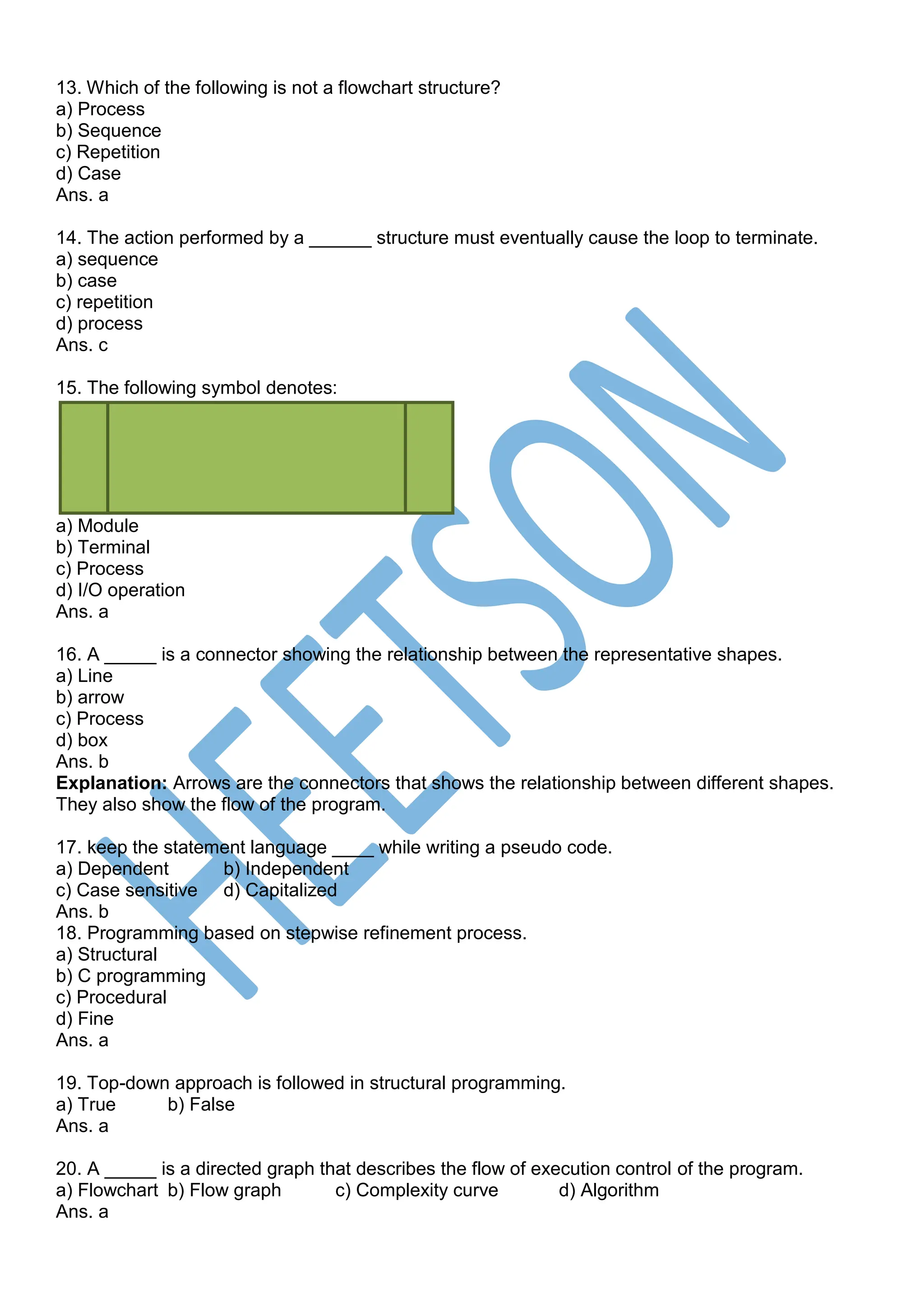 Flowchart Question And Answer Algorithm Mcq Pdf Programming