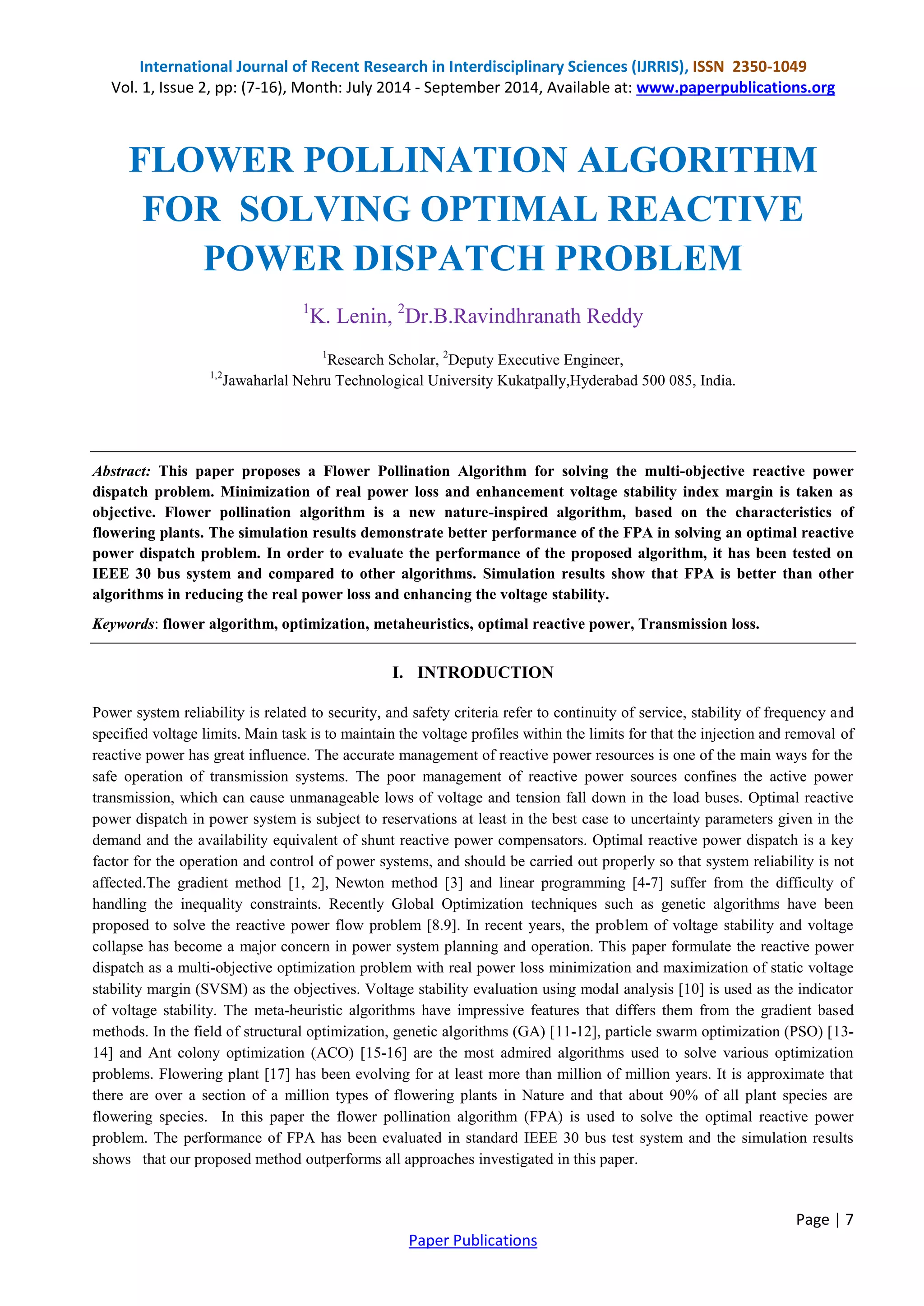 FLOWER POLLINATION ALGORITHM FOR SOLVING OPTIMAL REACTIVE POWER DISPATCH PROBLEM | PDF