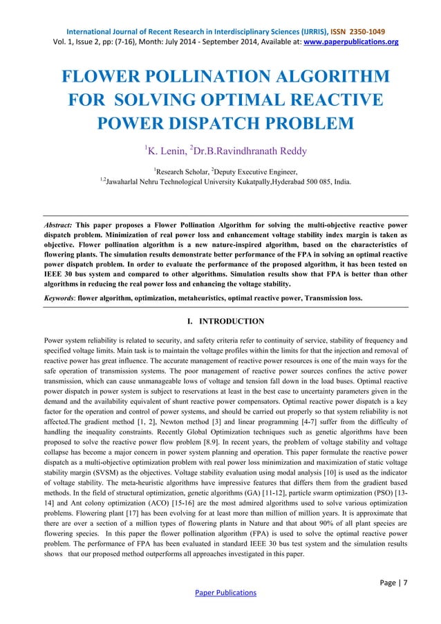 Flower Pollination Algorithm For Solving Optimal Reactive Power Dispatch Problem Pdf 