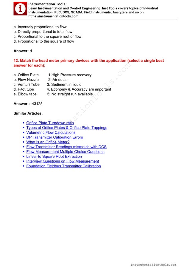 Flow measurement MCQ | PDF | Mechanical and Industrial Engineering ...