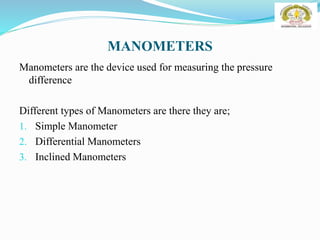 Flow of fluid, tyes of manometer | PPTX