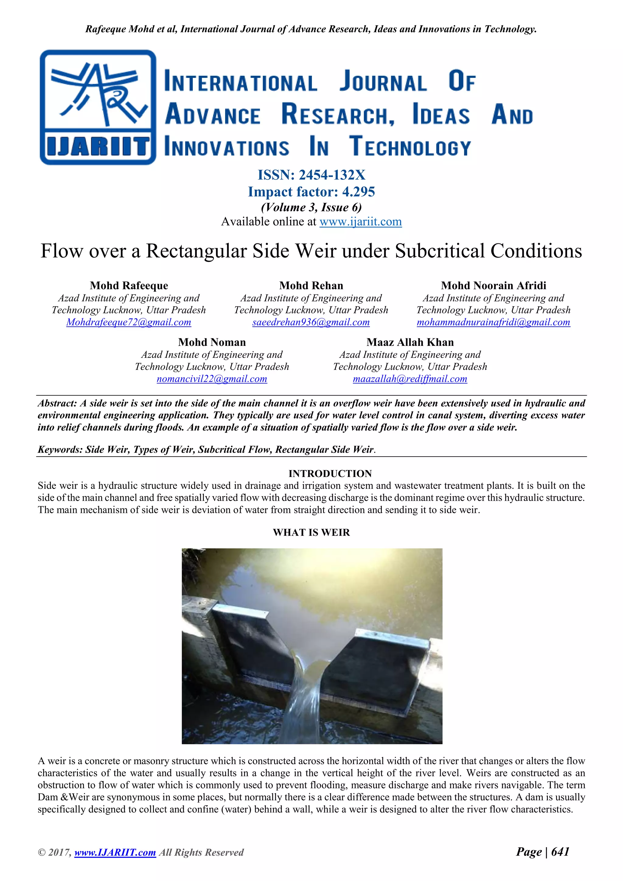 Flow over a rectangular side weir under subcritical conditions | PDF