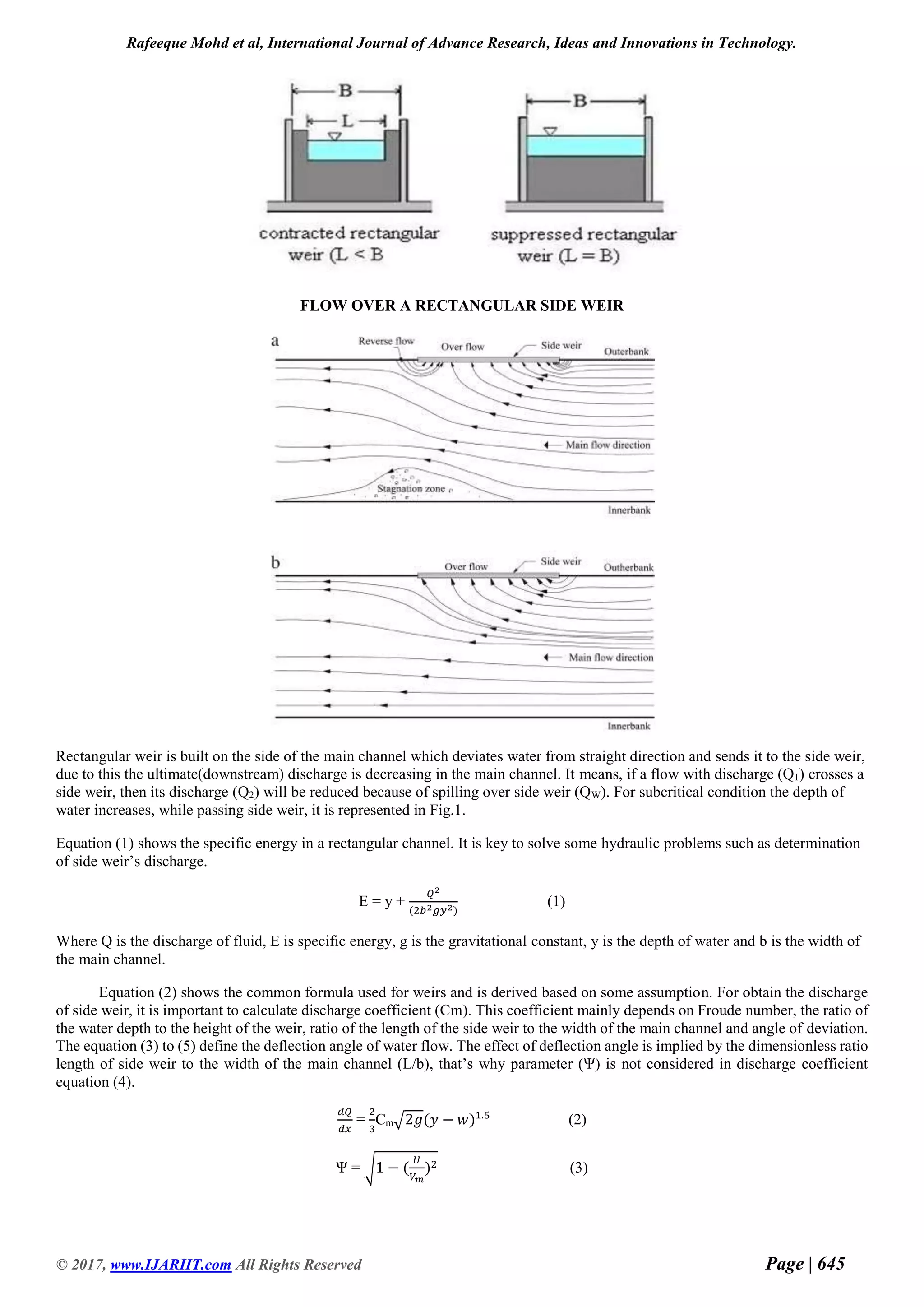 Flow over a rectangular side weir under subcritical conditions | PDF