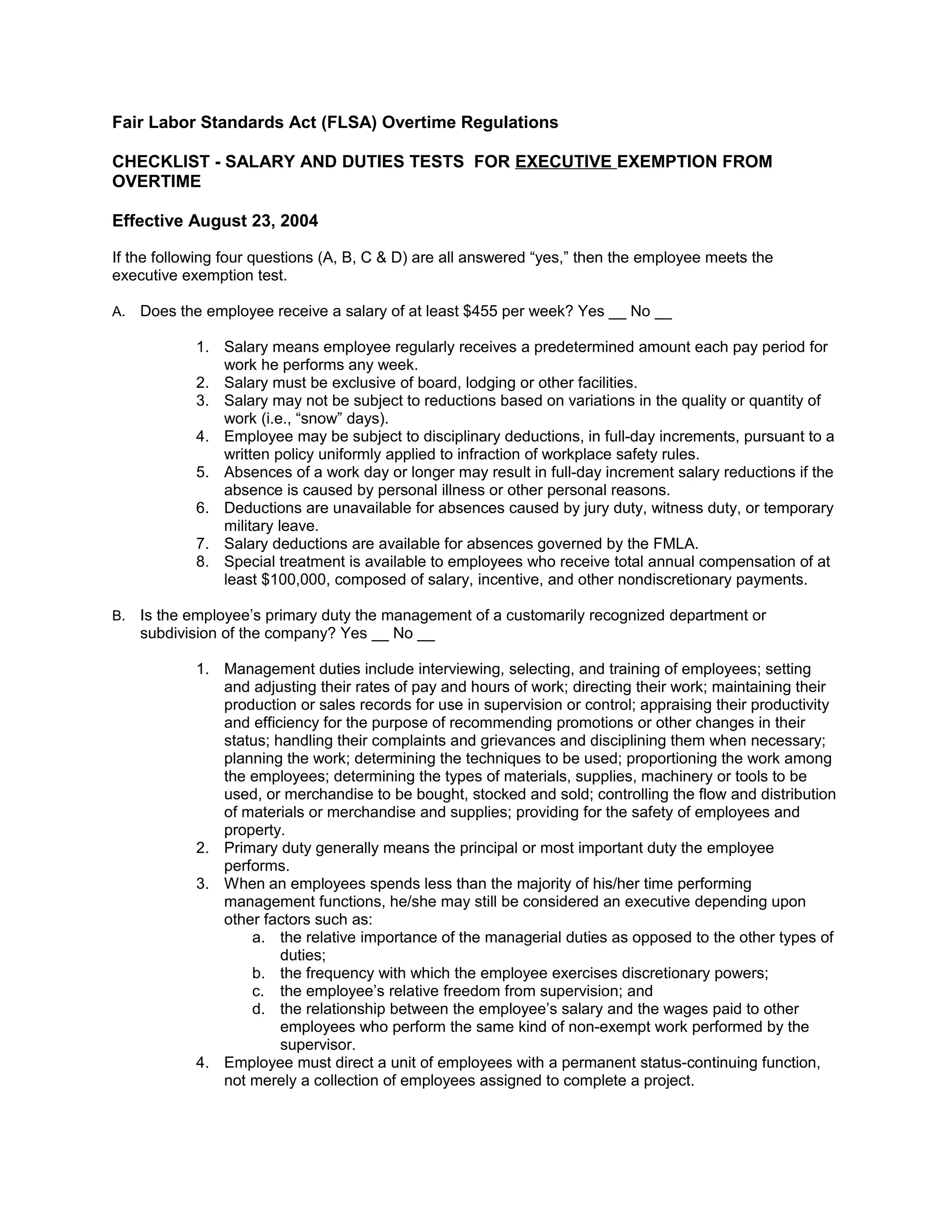 FLSA Executive Exemption From Overtime | DOC