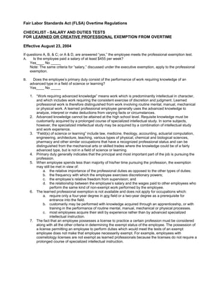 FLSA "Learned or Creative Professional Exemption From Overtime | PDF
