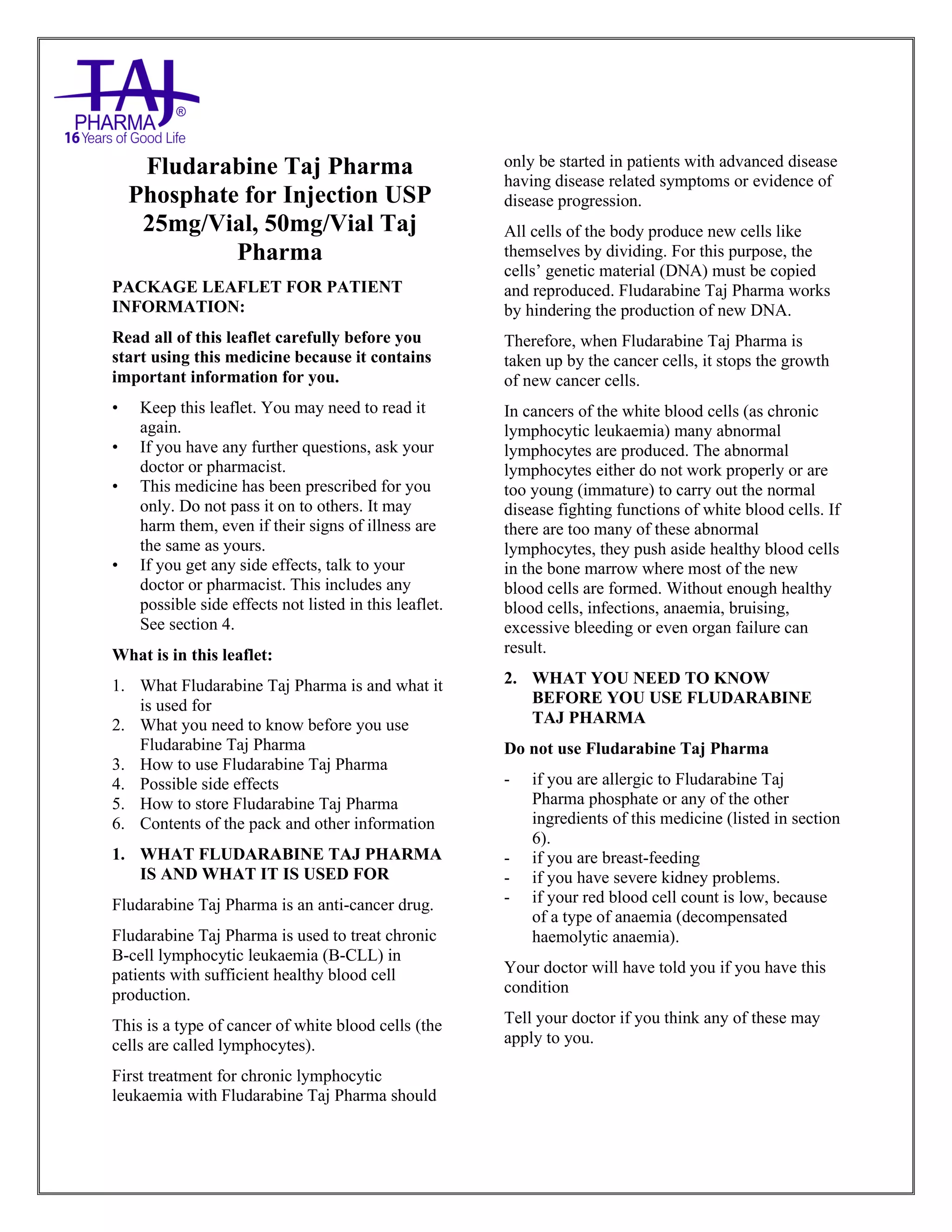 Fludarabine Phosphate for Injection USP 25mg/Vial, 50mg/Vial Taj Pharma ...