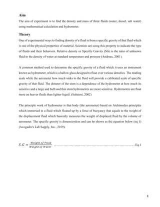 Fluid Mechanic Lab - Hydrometer or Aerometer | PDF