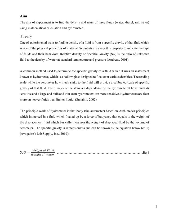 Fluid Mechanic Lab - Hydrometer or Aerometer | PDF
