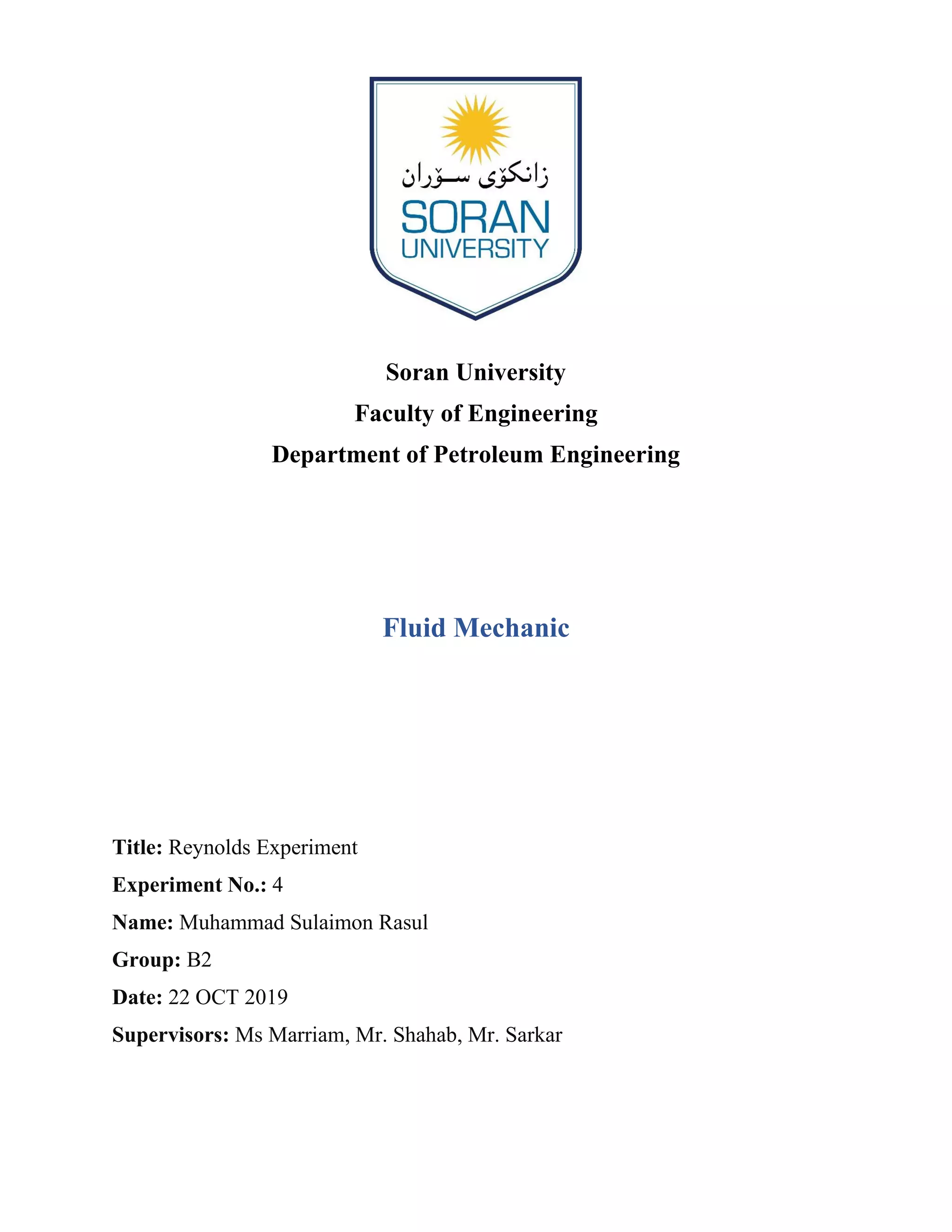 Fluid Mechanic Lab - Reynold's Number Experiment | PDF