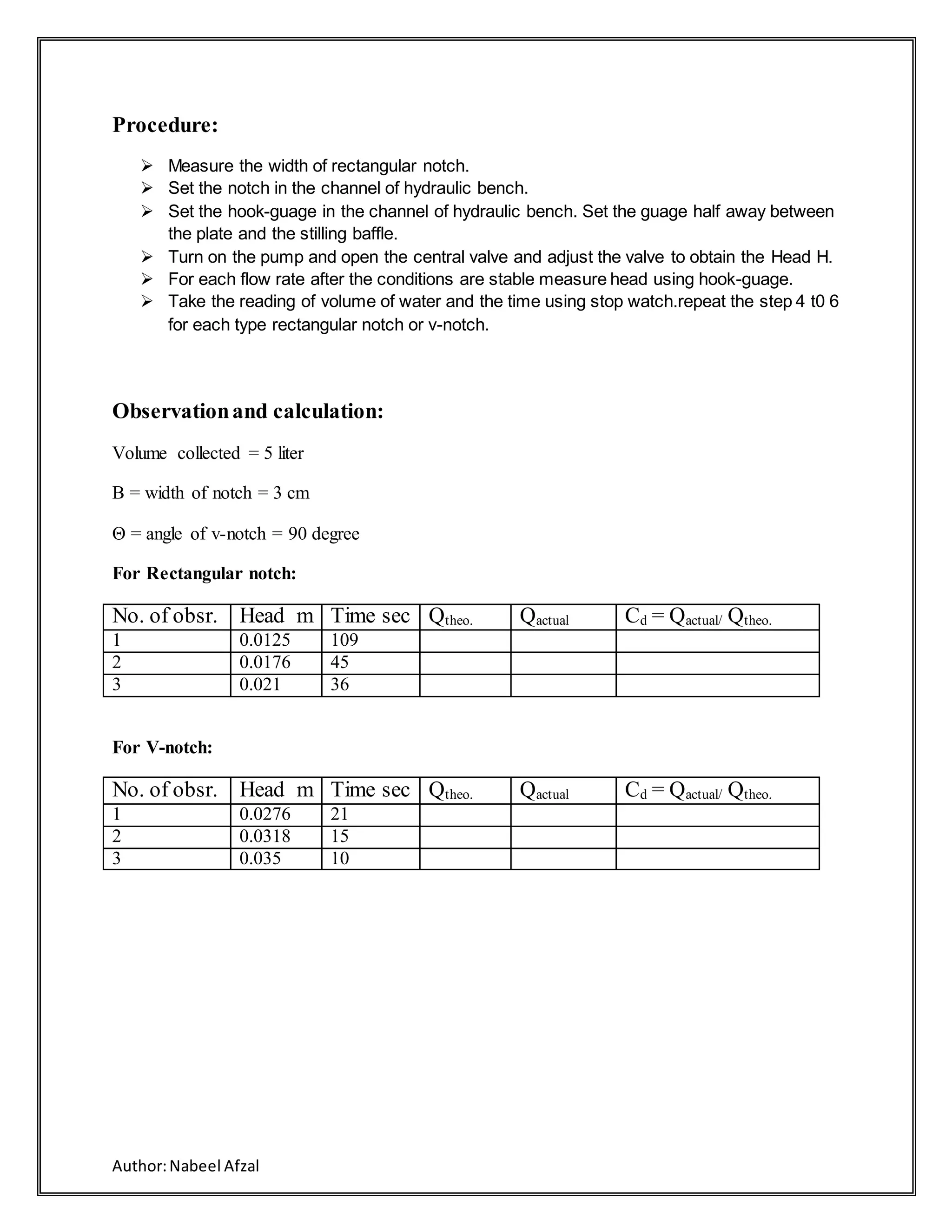 Estimate coefficient of discharge for rectangular and V notches weirs ...