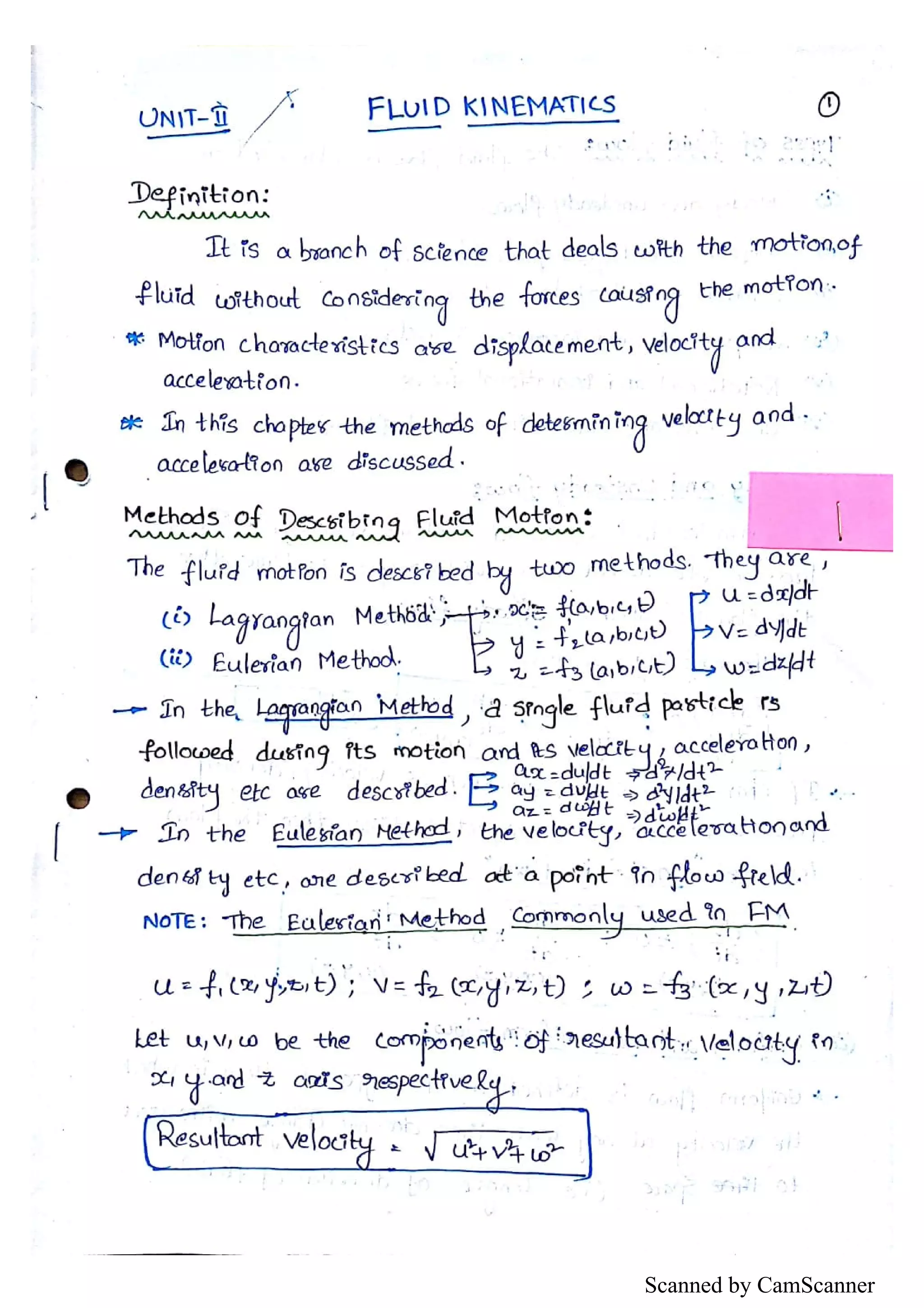 unit II : Fluid kinematics notes | PDF