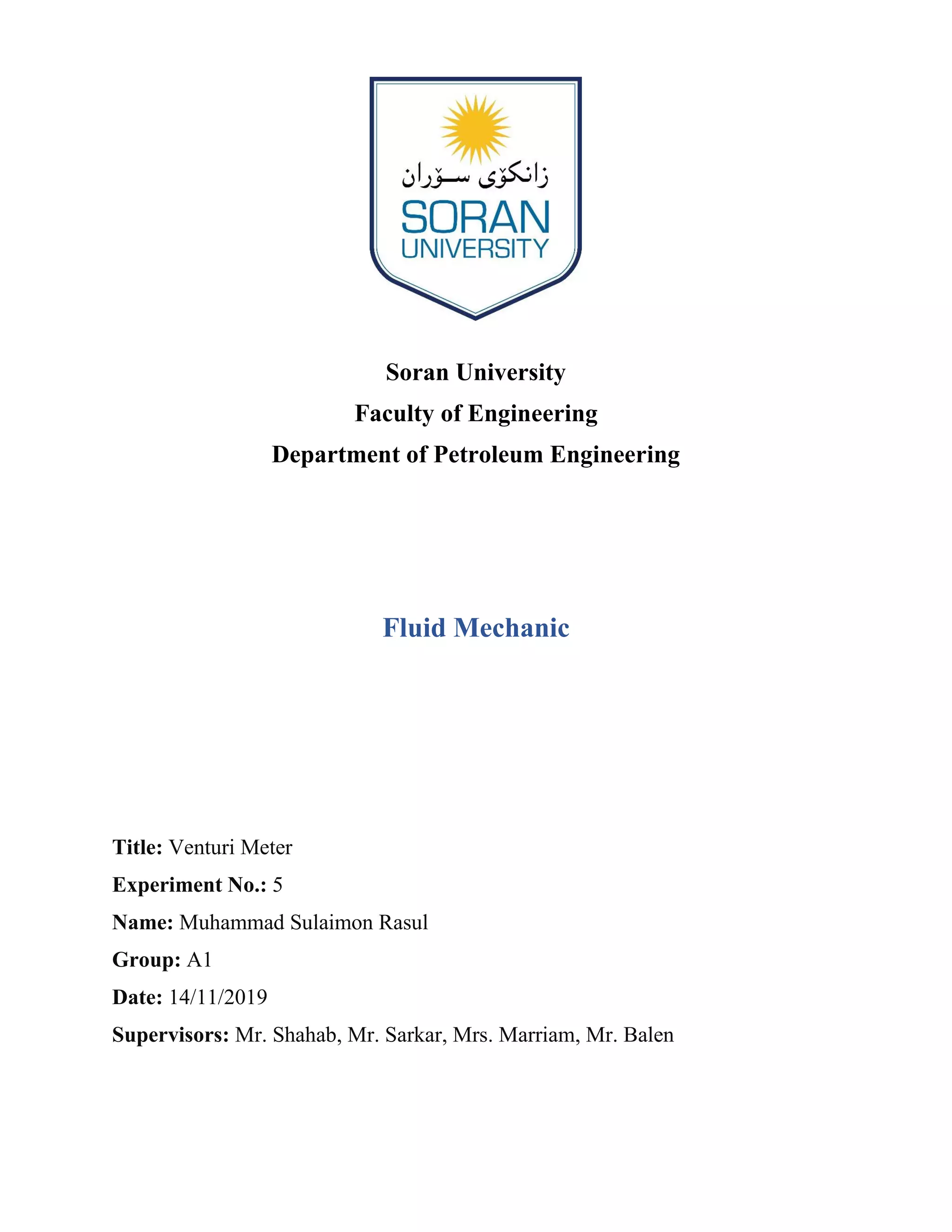Fluid Mechanic Lab - Venturi Meter | PDF